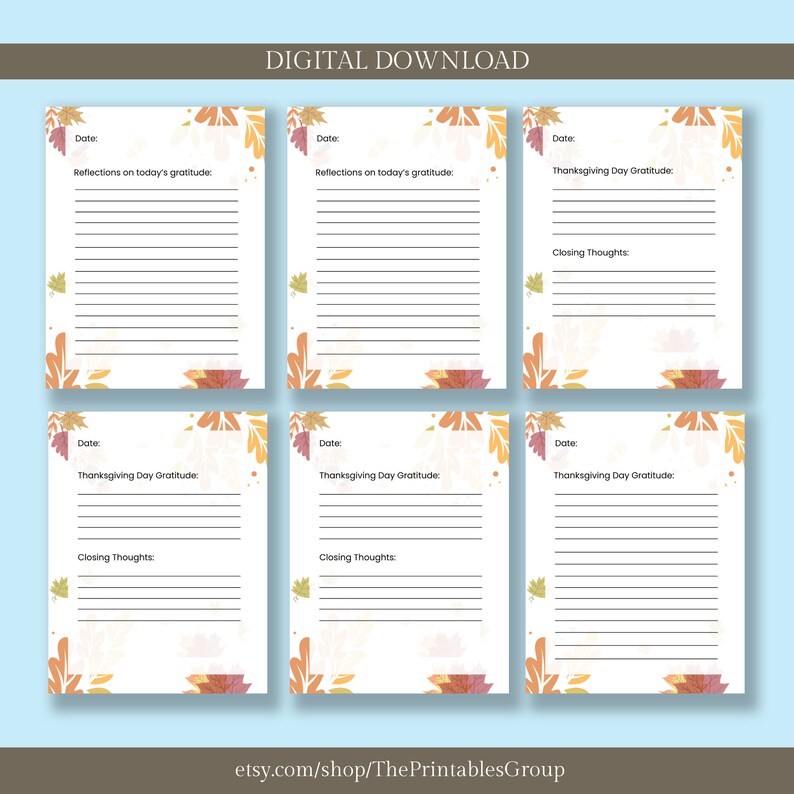 Thanksgiving Gratitude Journal Printable | Daily Thankful Thoughts ...