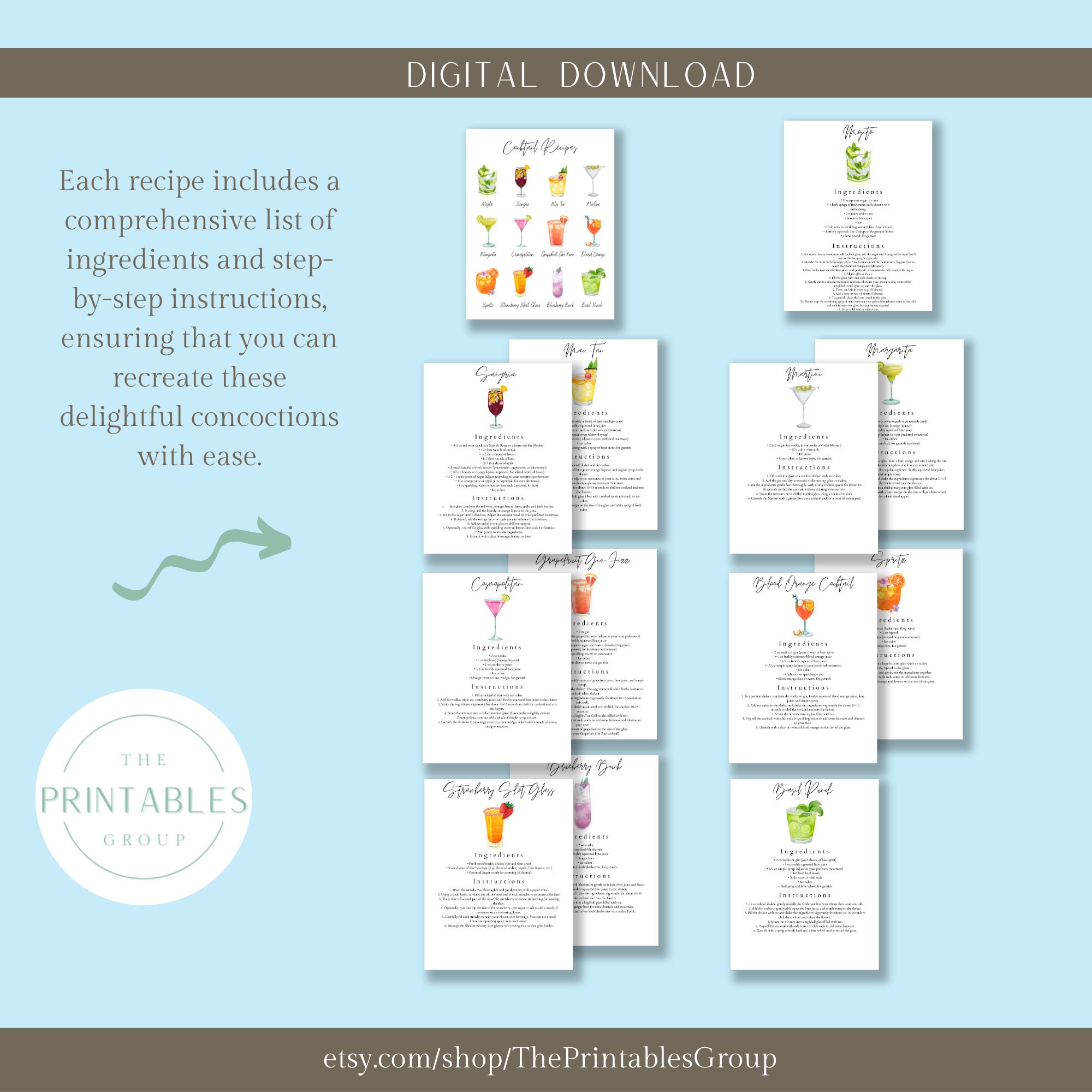 12 Cocktail Recipes Printable | How to Make Cocktails | Cocktail Recipe ...