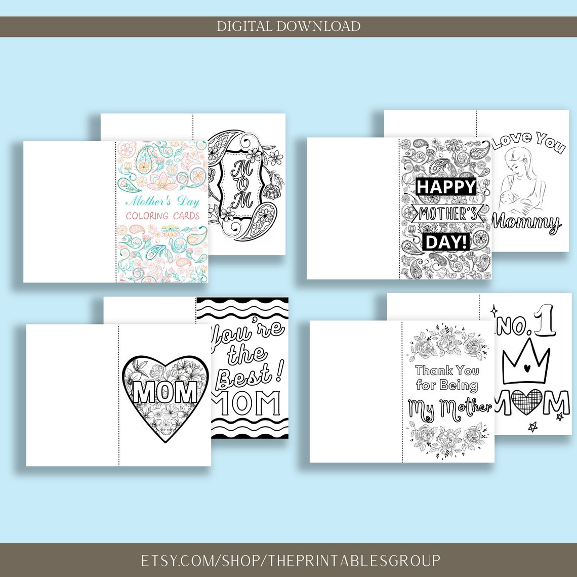 Mother's Day Coloring Cards Printable Set of 7 Mothers Day Cards Mother ...