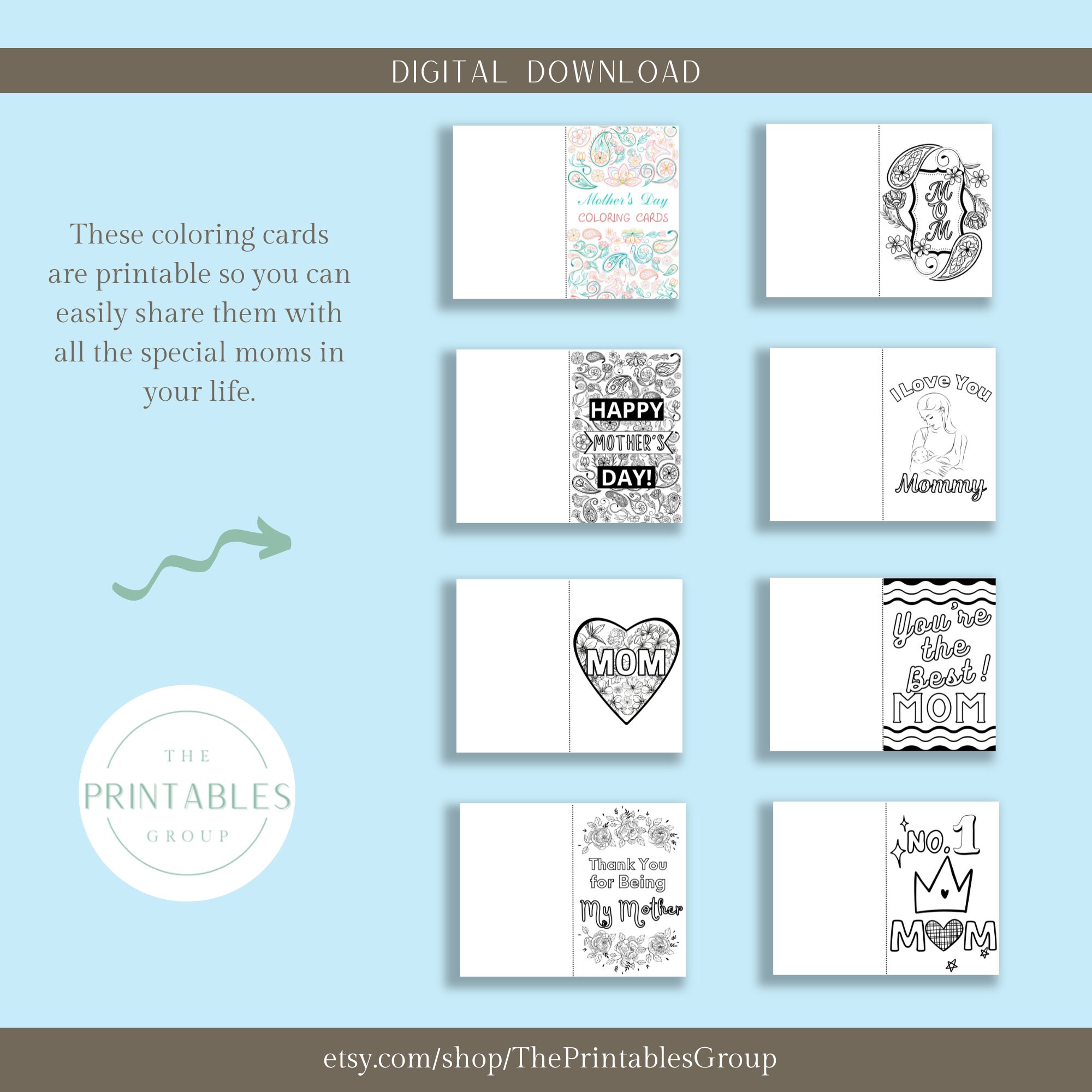 Mother's Day Coloring Cards Printable Set of 7 Mothers Day Cards Mother ...