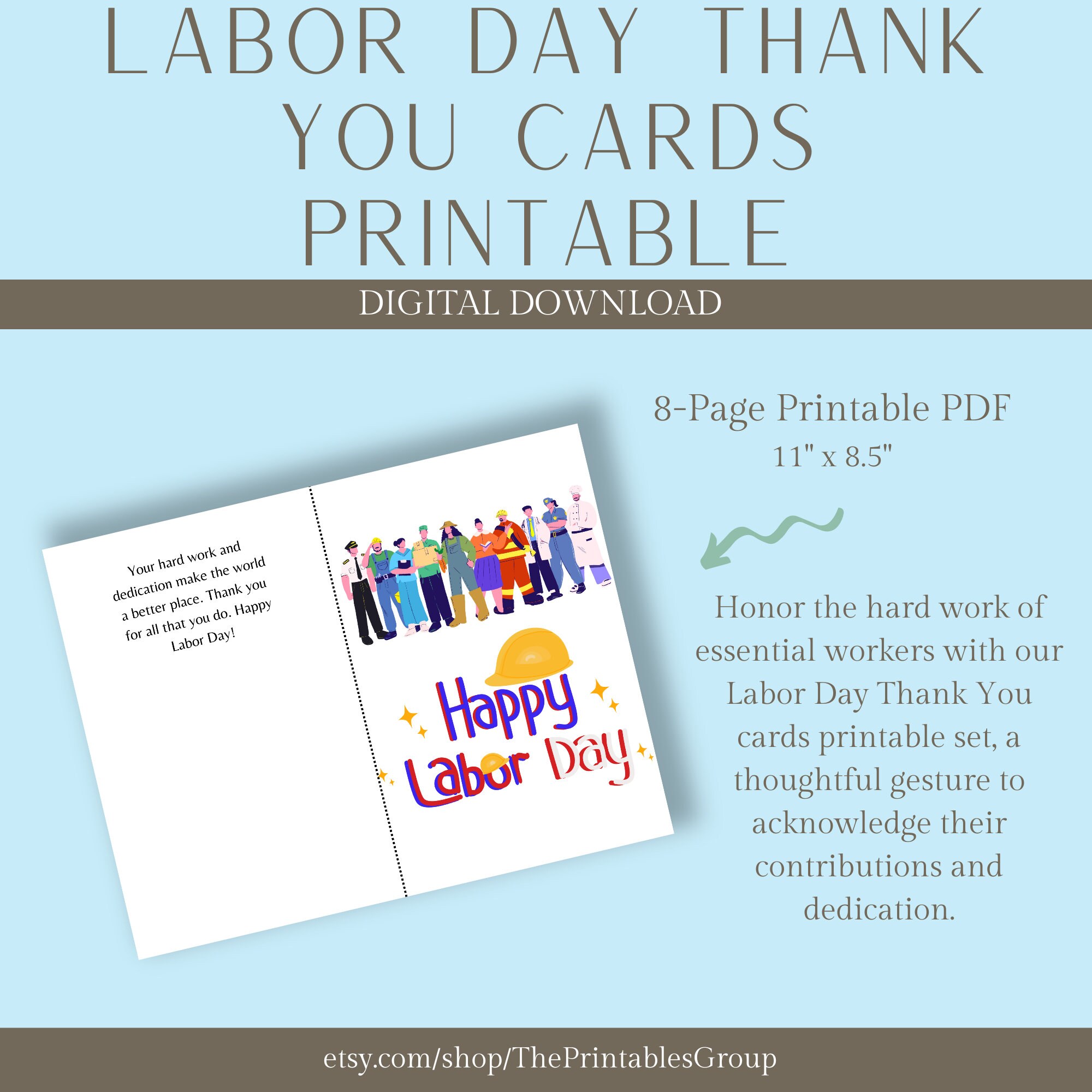 Labor Day Thank You Cards Printable Set of 8 Labor Day Cards - Etsy