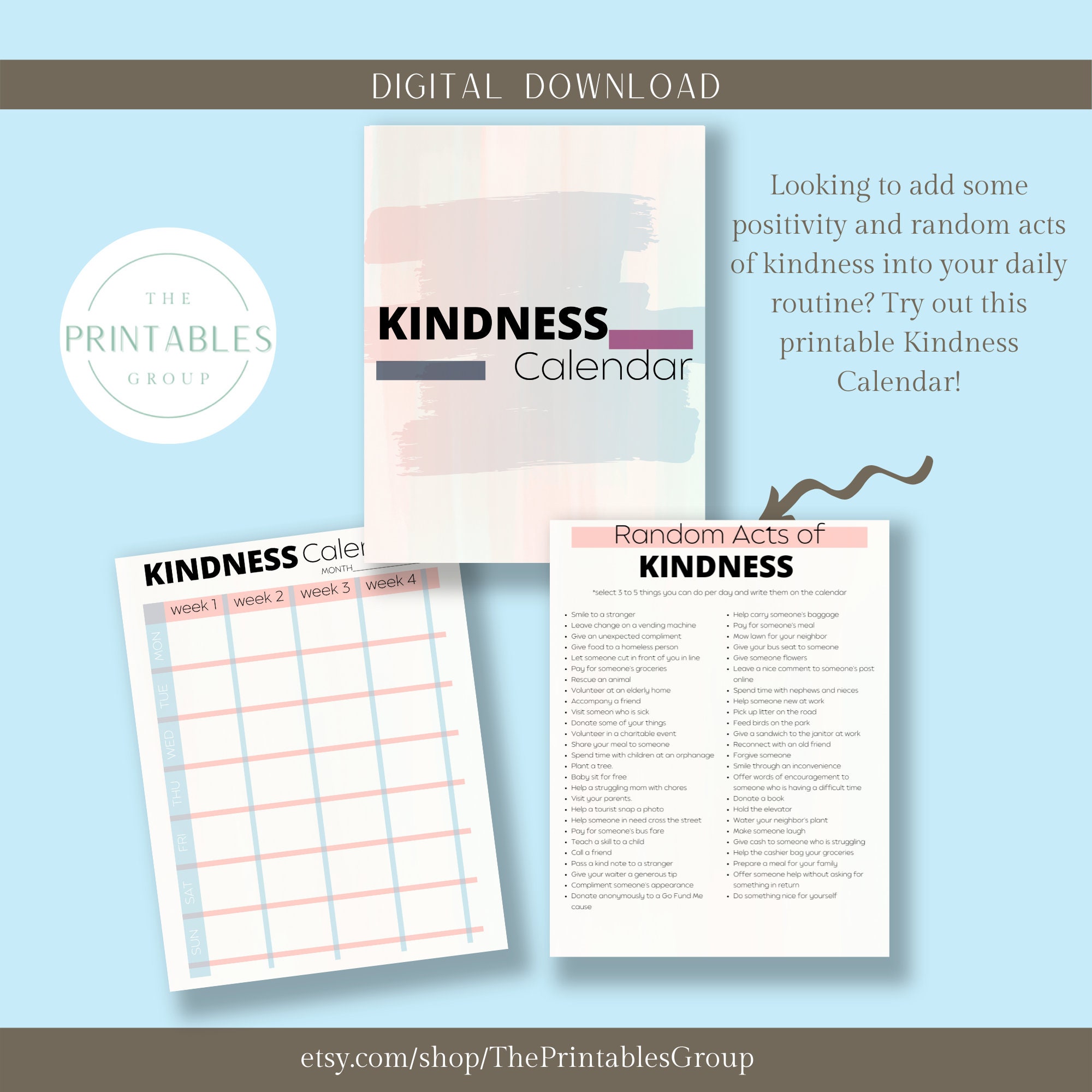 Kindness Calendar Printable, Random Acts of Kindness List, Gratitude ...
