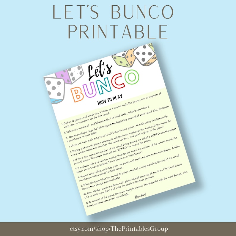 Let's Bunco Game Printable | Dice Party Game for Family and Friends ...