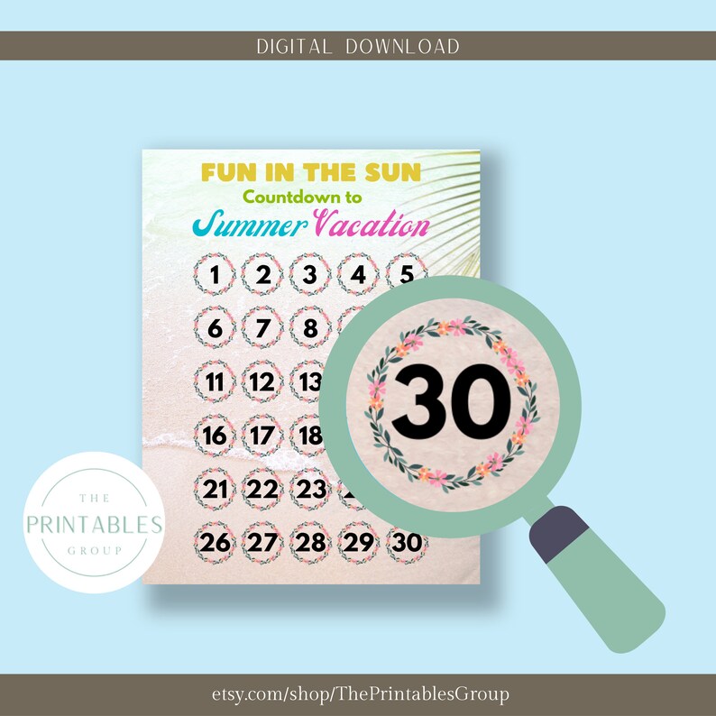 30 Days of Summer Countdown Planner, Summer Fun Days Countdown Board ...