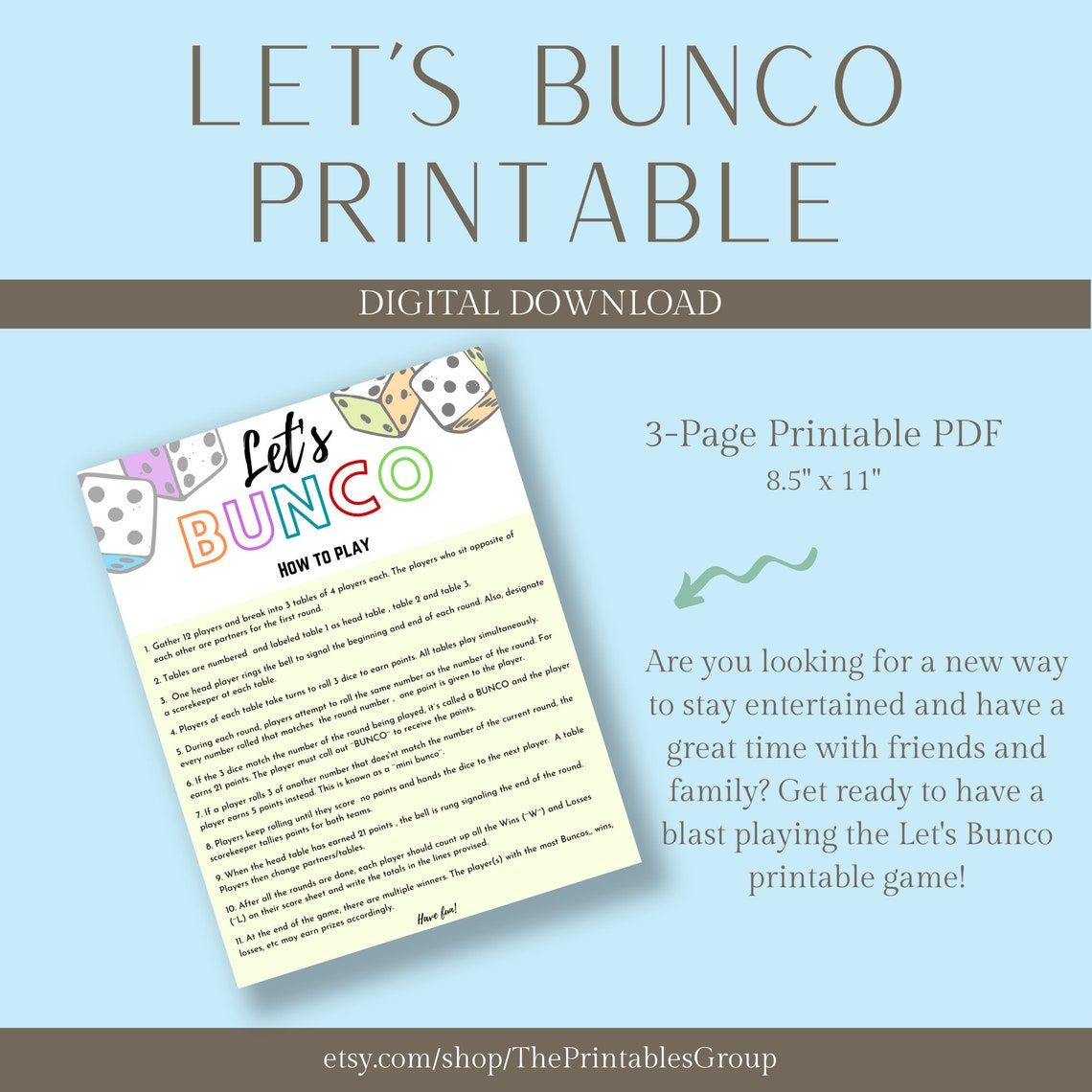Let's Bunco Game Printable | Dice Party Game for Family and Friends ...