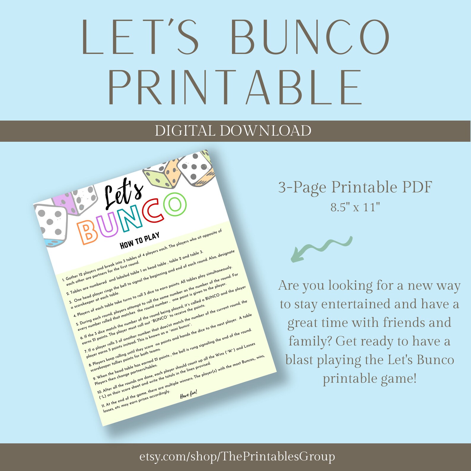 Let's Bunco Game Printable | Dice Party Game for Family and Friends ...