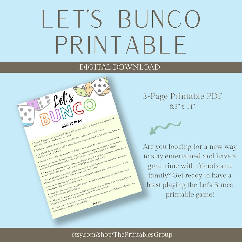 Let's Bunco Game Printable | Dice Party Game for Family and Friends ...