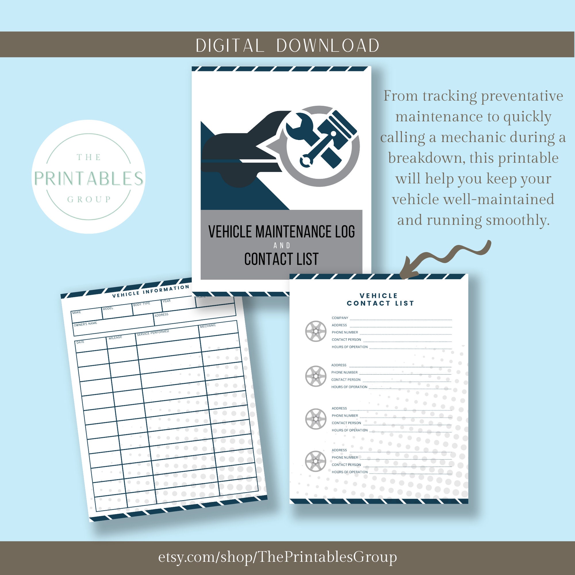 Vehicle Maintenance Log and Vehicle Contact List Printable | Auto ...