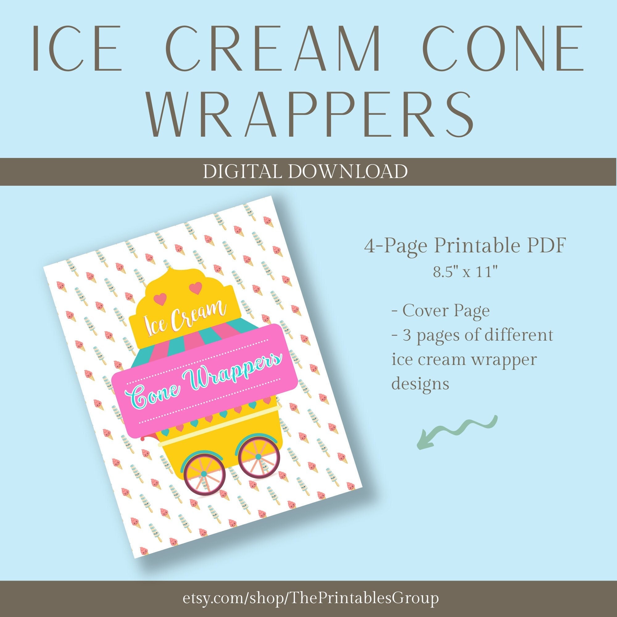 Ice Cream Cone Wrappers Printable, Ice Cream Cone Wrapping Paper, Ice ...