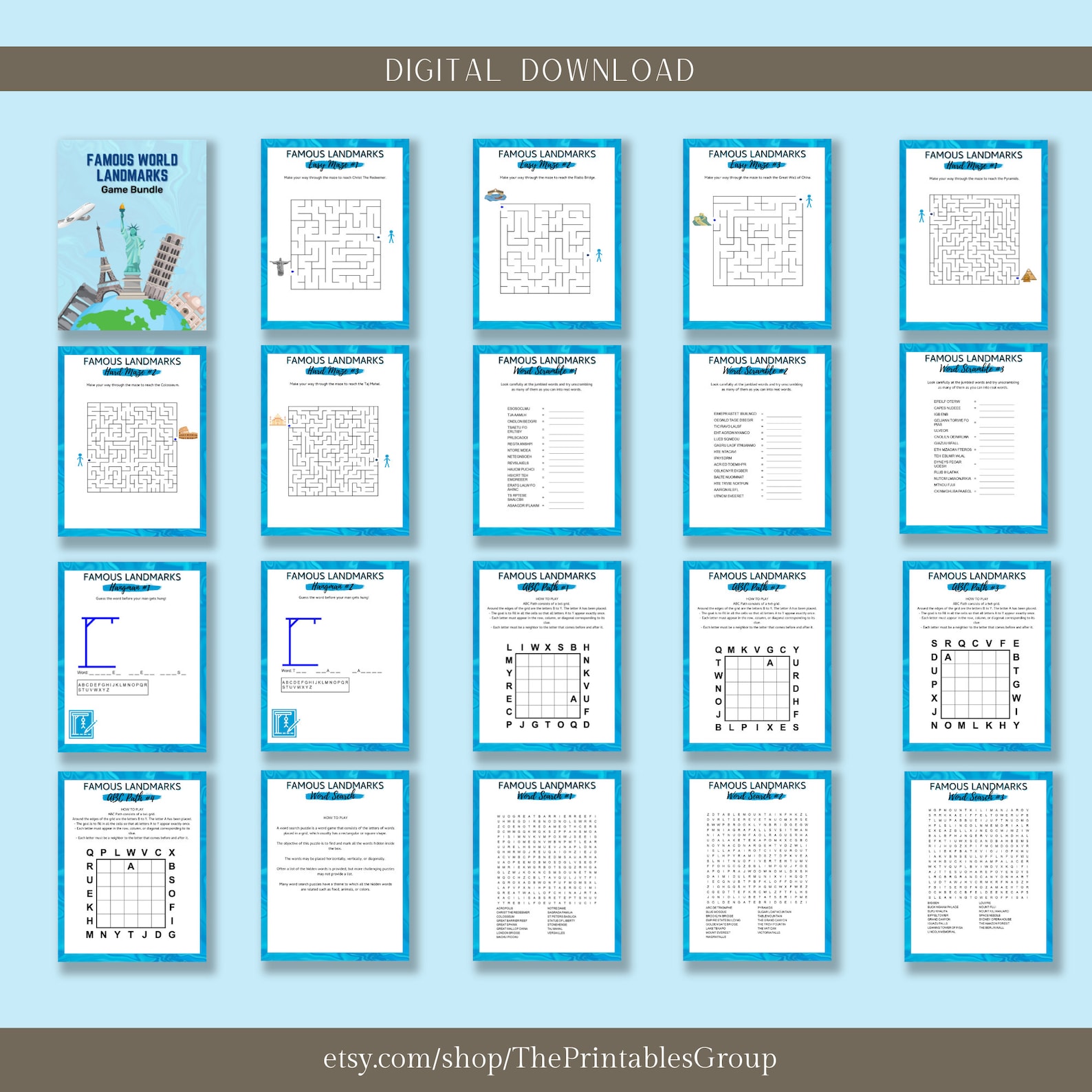 Famous World Landmarks Printable Game Bundle | Printable Maze | Word ...