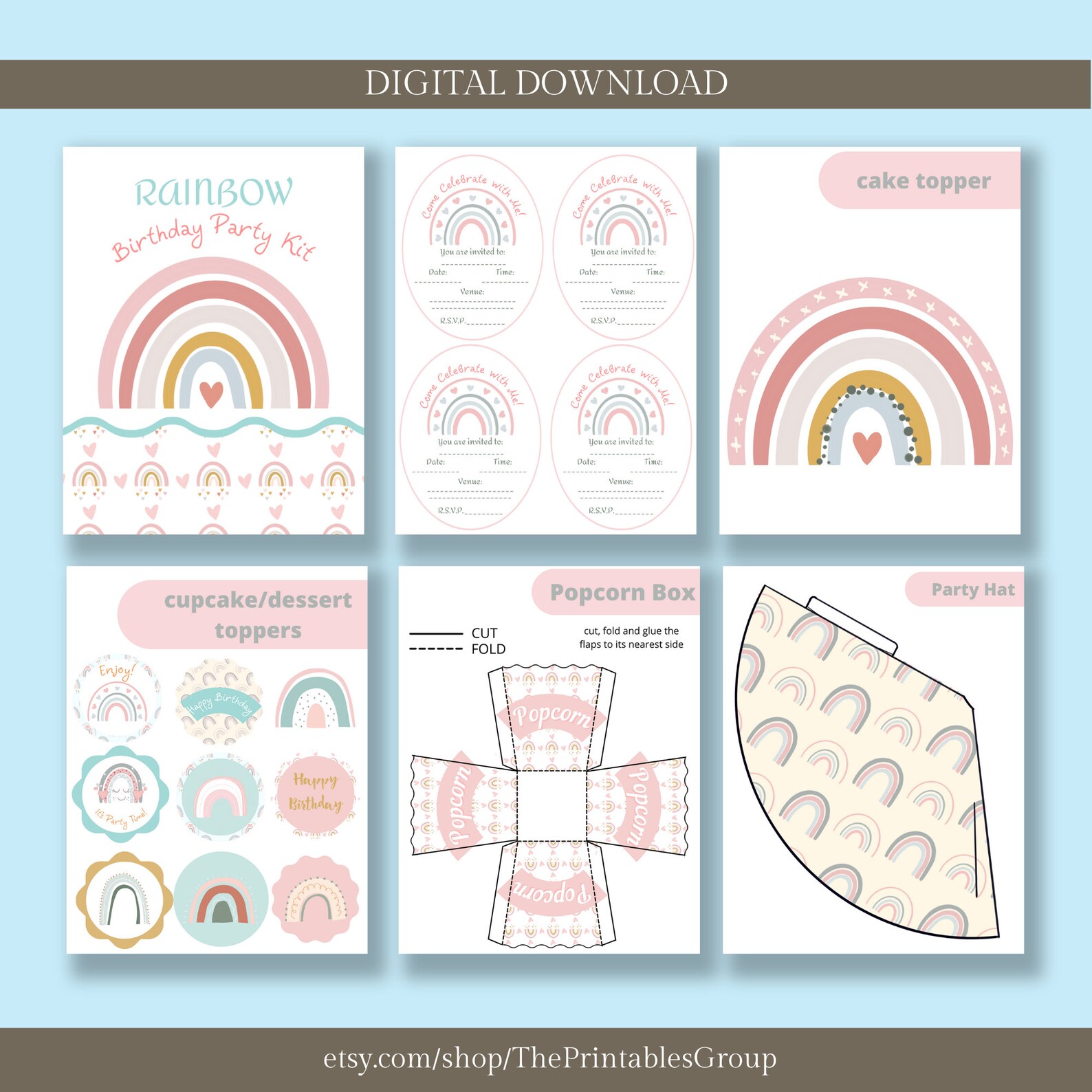 Rainbow Birthday Party Kit Printable Pastel Rainbow Party Pack Bundle ...