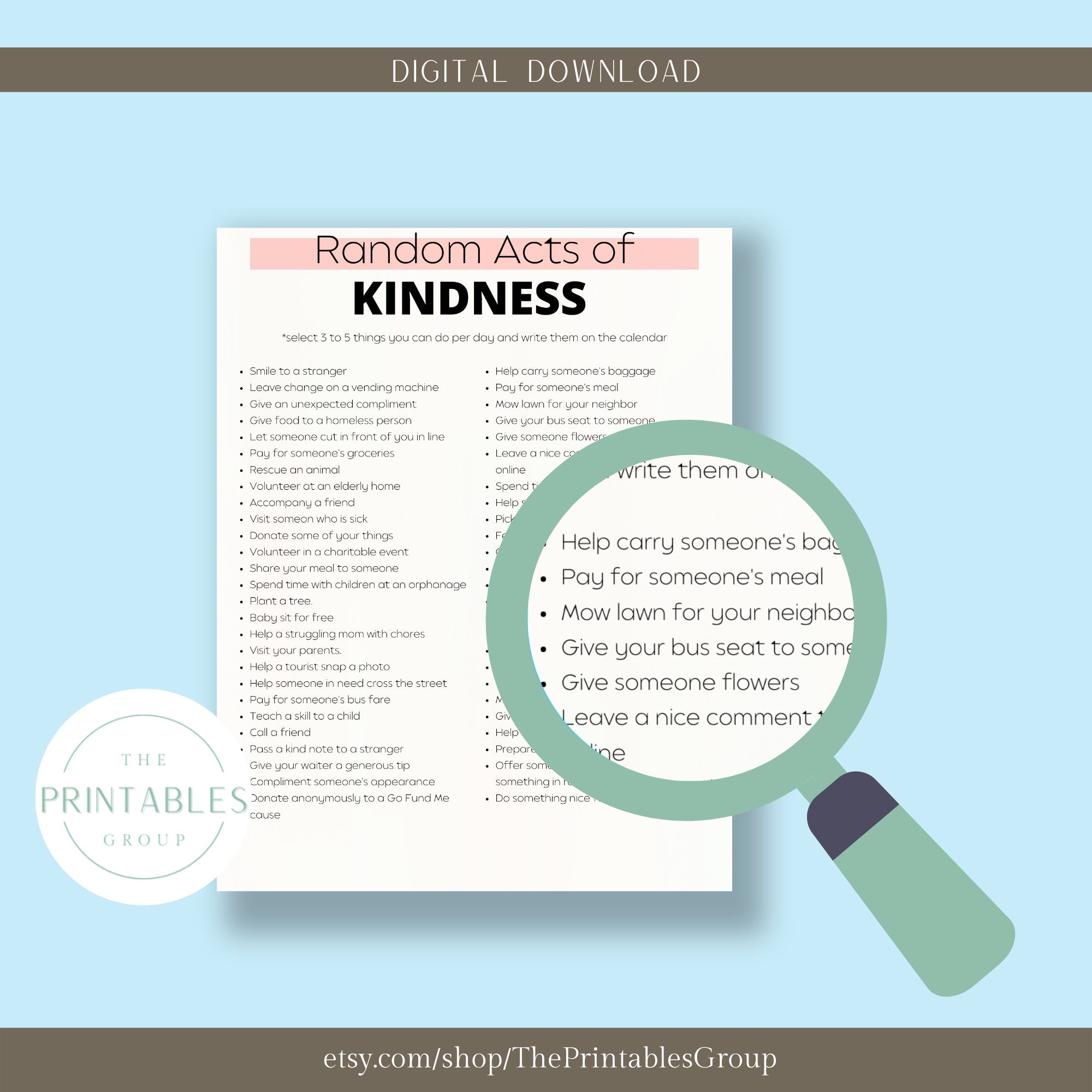 Kindness Calendar Printable, Random Acts of Kindness List, Gratitude ...