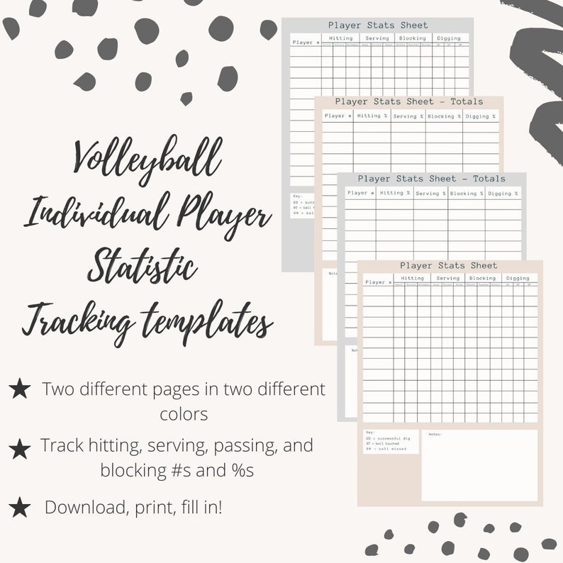 Volleyball Stat Tracking Sheets - Individual Player Tracking & Totals (neutral and Grey) - Etsy