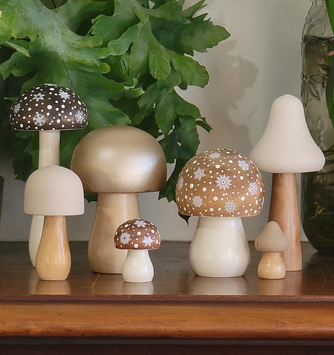 Natural Neutral Holiday Snowflake Set Hand Painted Wooden Mushrooms ...