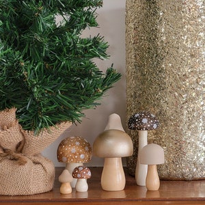 Natural Neutral Holiday Snowflake Set Hand Painted Wooden Mushrooms ...