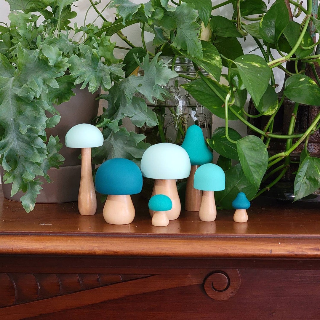 Hand Painted Wooden Mushroom Set, 'beach Blues' Decor, Cottage Core ...