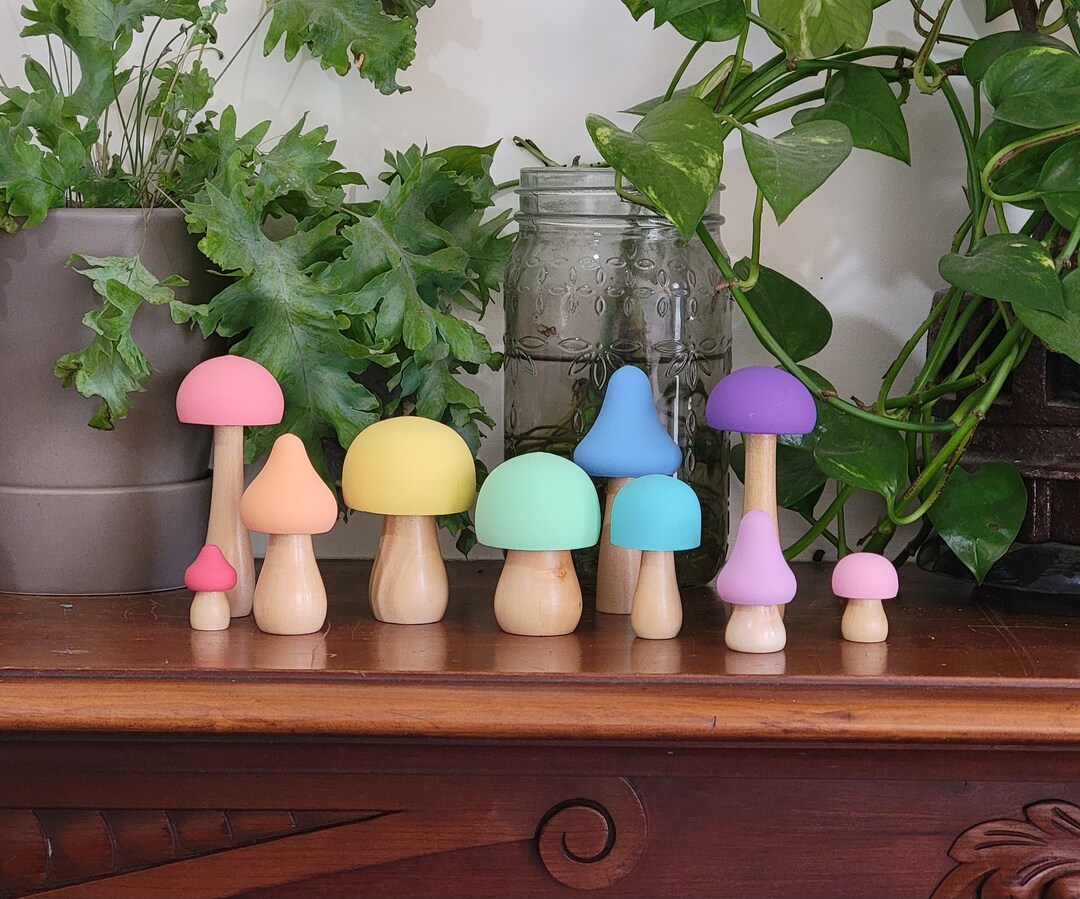 Bright Pastel Rainbow Set, Hand Painted Wooden Mushrooms; Planter ...
