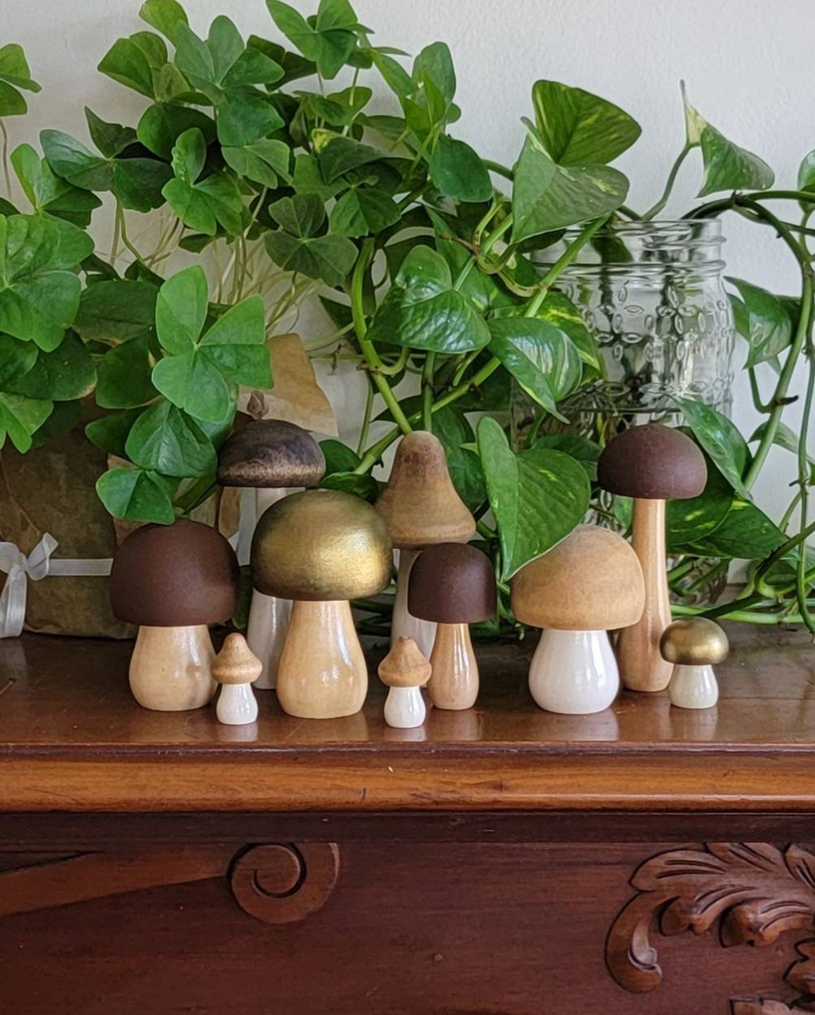 Natural Bronze Set Hand Painted Wooden Mushrooms Plant - Etsy