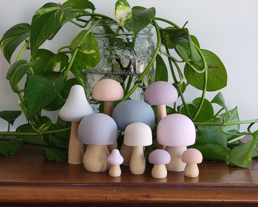 Muted Pastel Set Hand Painted Wooden Mushrooms; Family Set, Mushroom ...