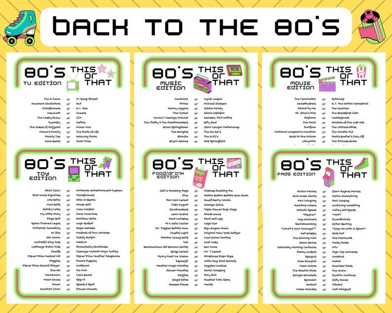80's Couple Game | 80's This or That | 80's Party Game | Back to the 80 ...