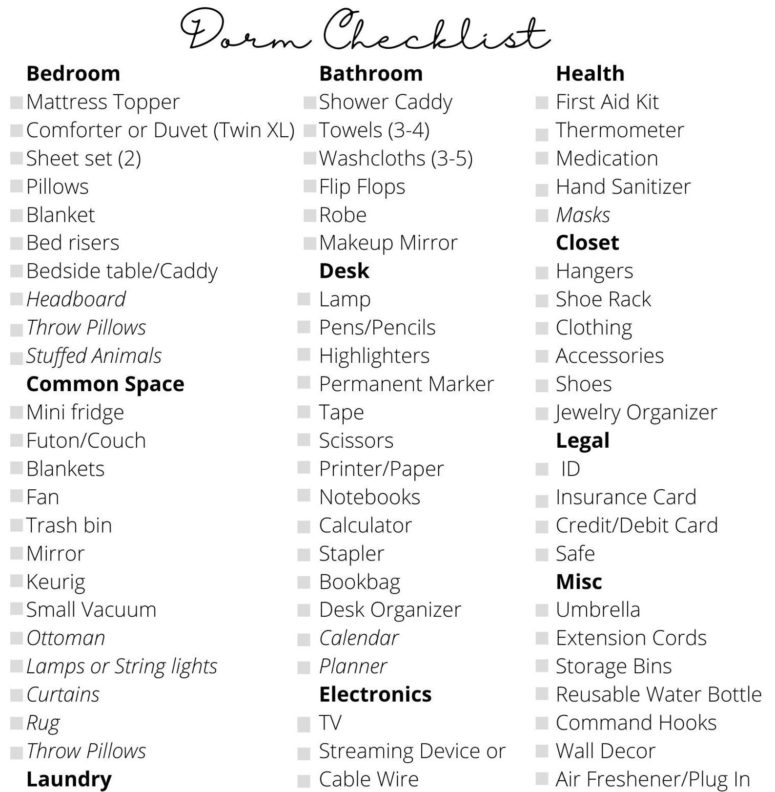 Dorm Move in Checklist (college, University, Packing, Organization ...