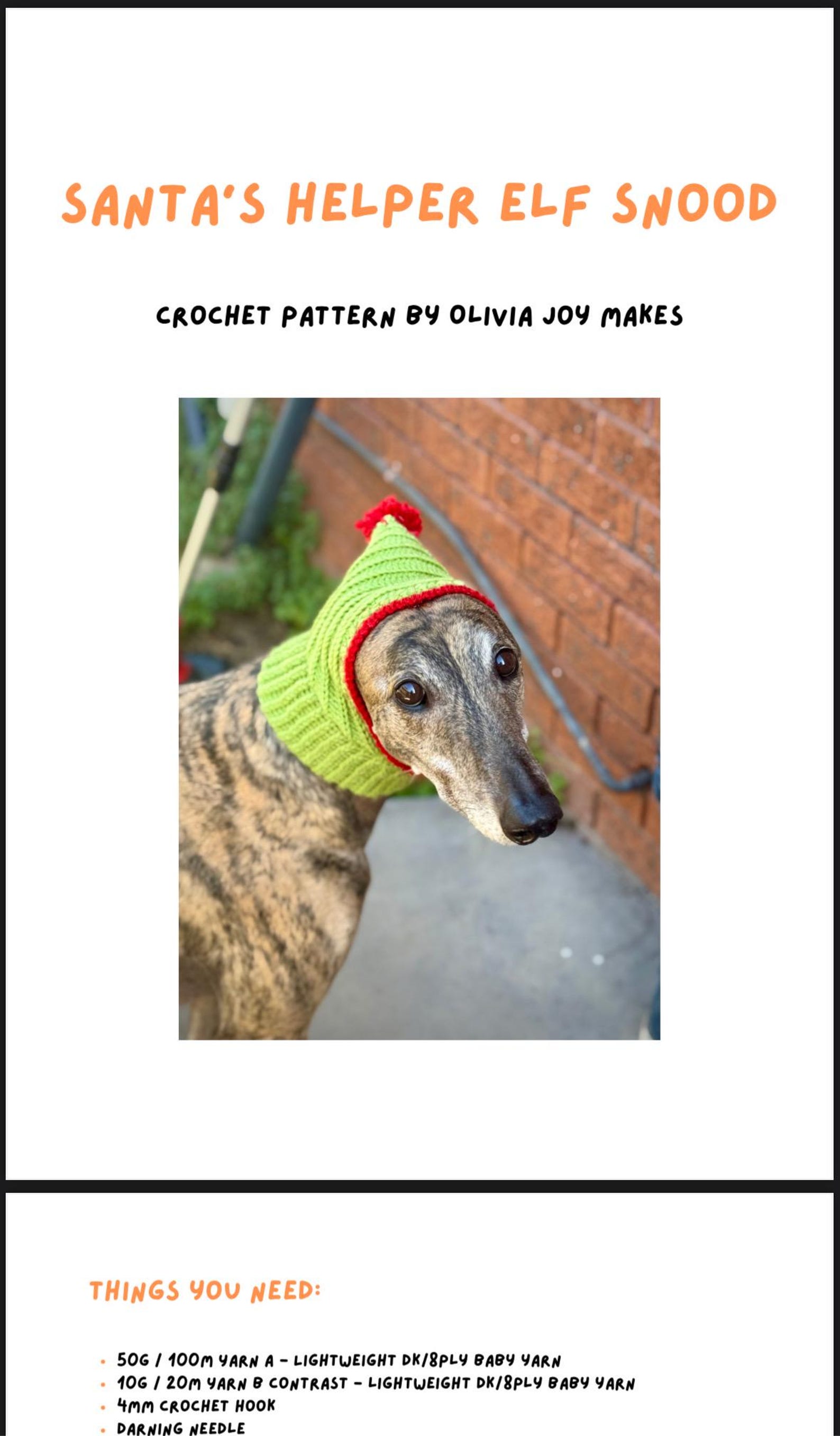 Santa’s Helper Elf Greyhound Snood PATTERN PDF ONLY - Etsy