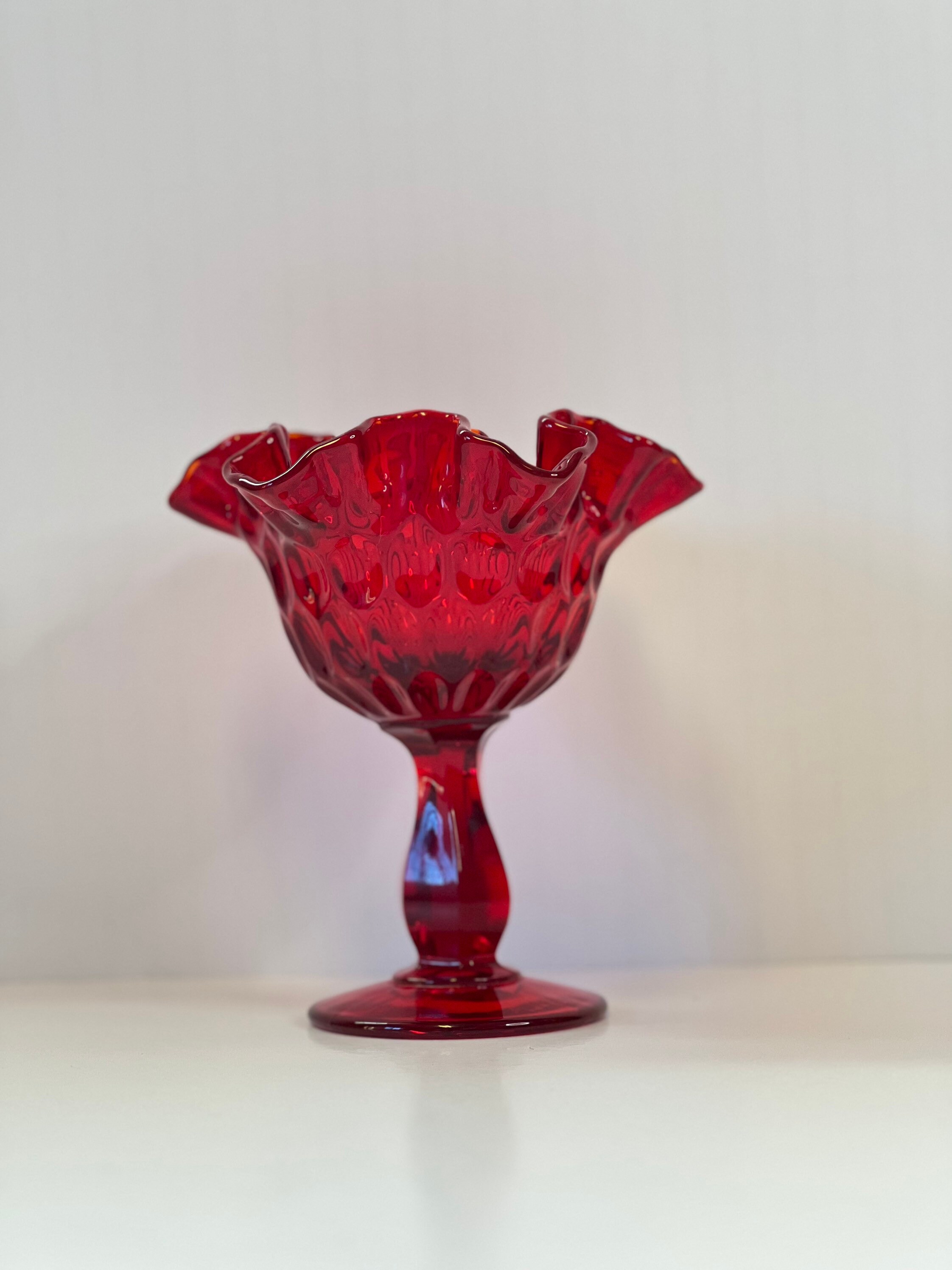 Fenton Ruby Red Gold Crest Ruffled Edge Thumbprint Pedestal Candy Dish ...