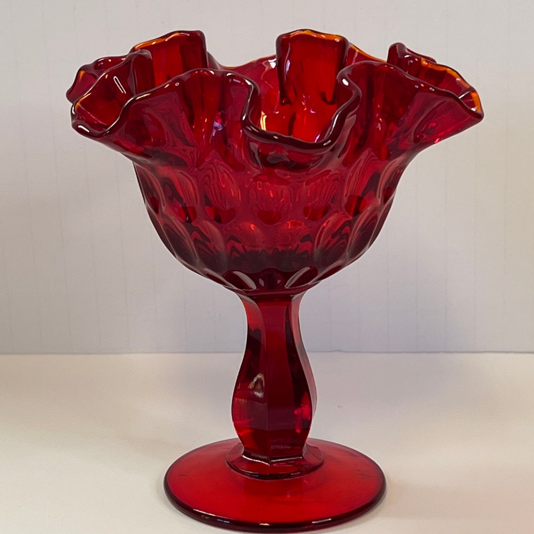 Fenton Ruby Red Gold Crest Ruffled Edge Thumbprint Pedestal Candy Dish ...