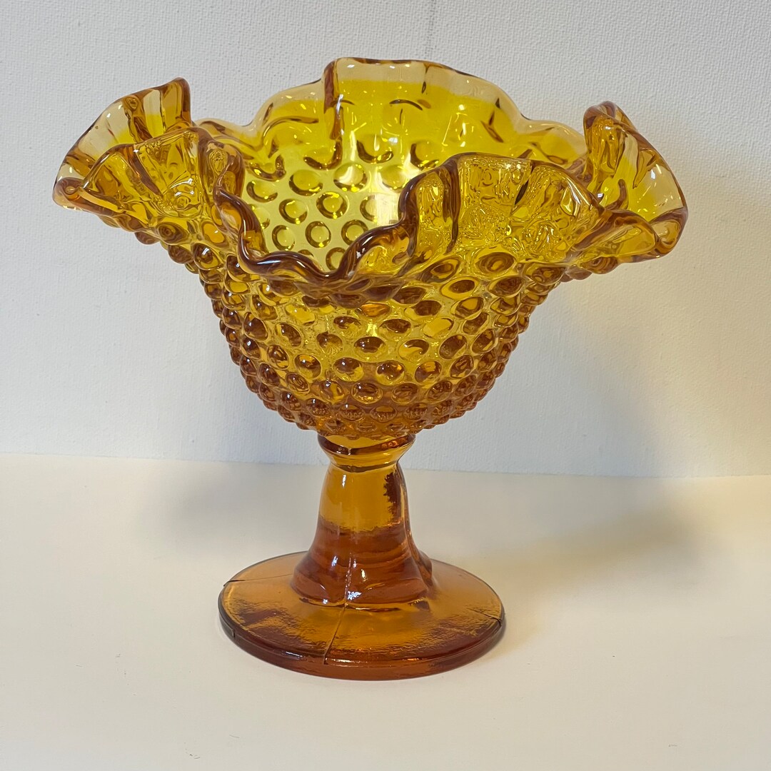 Vintage Kanawha Amber Glass Dish With Ruffled Edge Hobnail Compote Pedestal Etsy