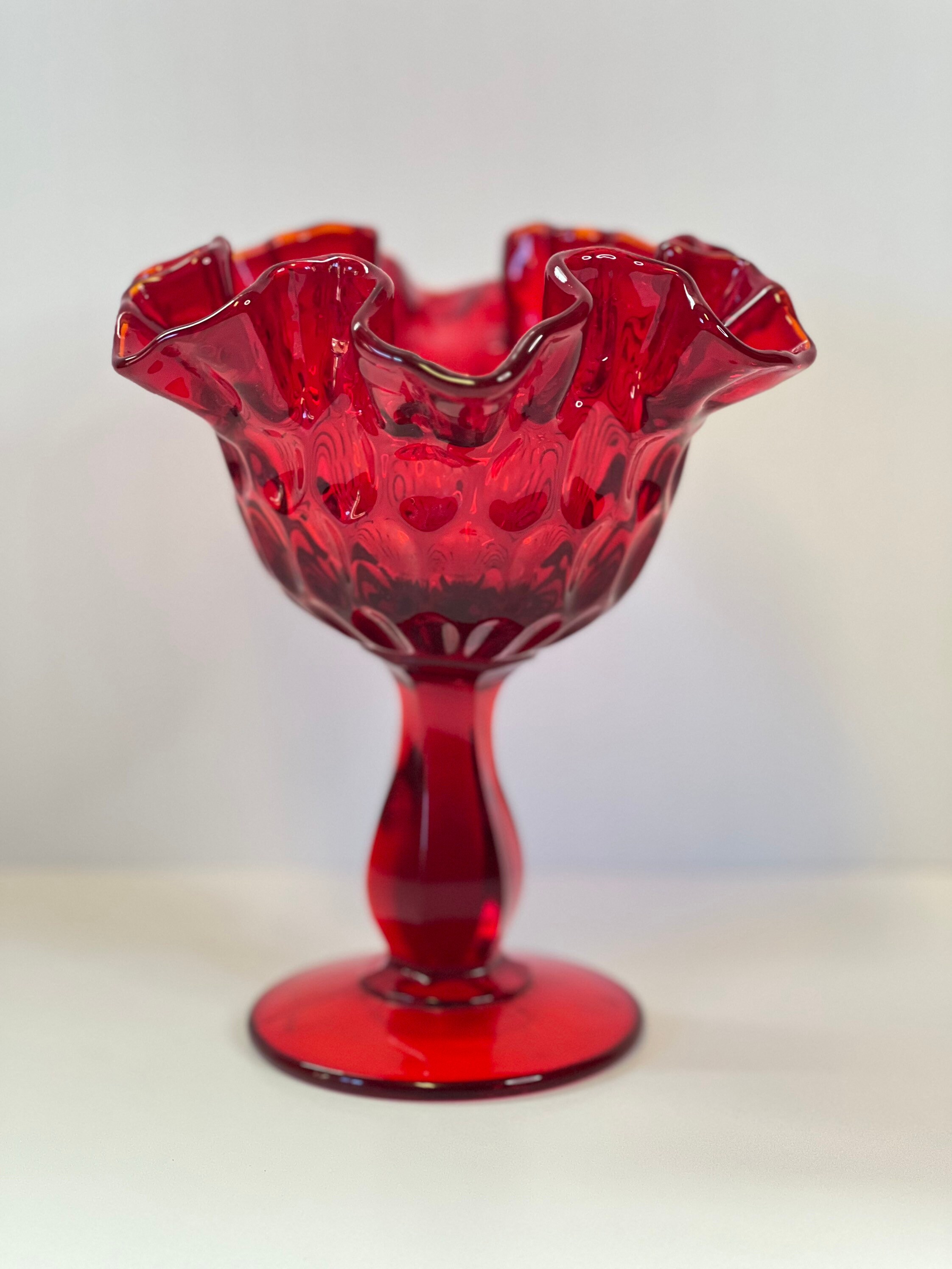 Fenton Ruby Red Gold Crest Ruffled Edge Thumbprint Pedestal Candy Dish ...
