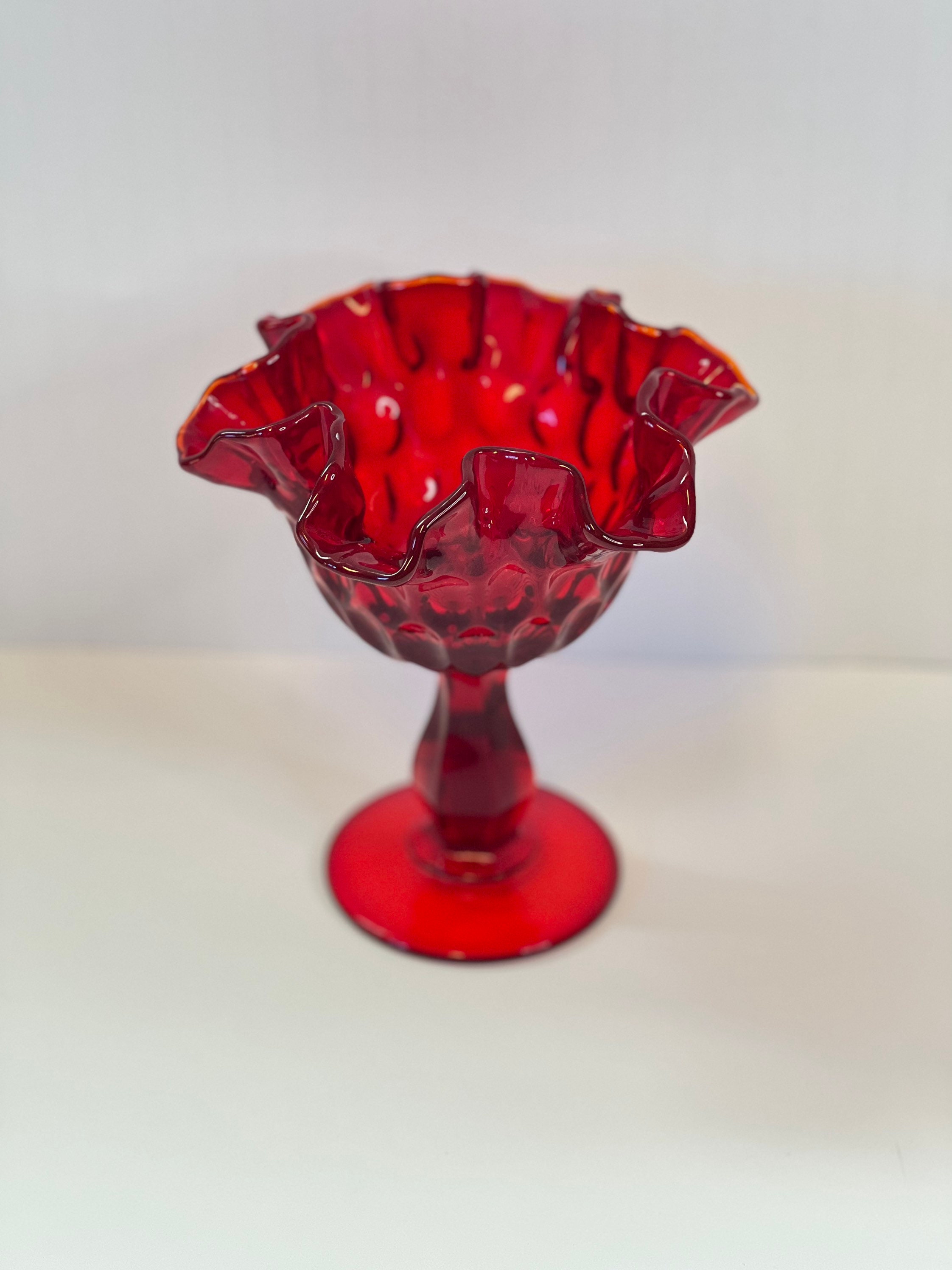 Fenton Ruby Red Gold Crest Ruffled Edge Thumbprint Pedestal Candy Dish ...