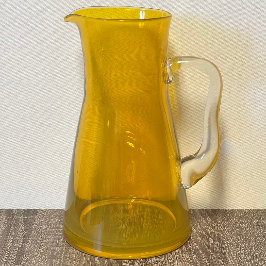 Vintage Hand Blown Yellow Glass Pitcher Applied Clear Handle 9” X 5” - Etsy