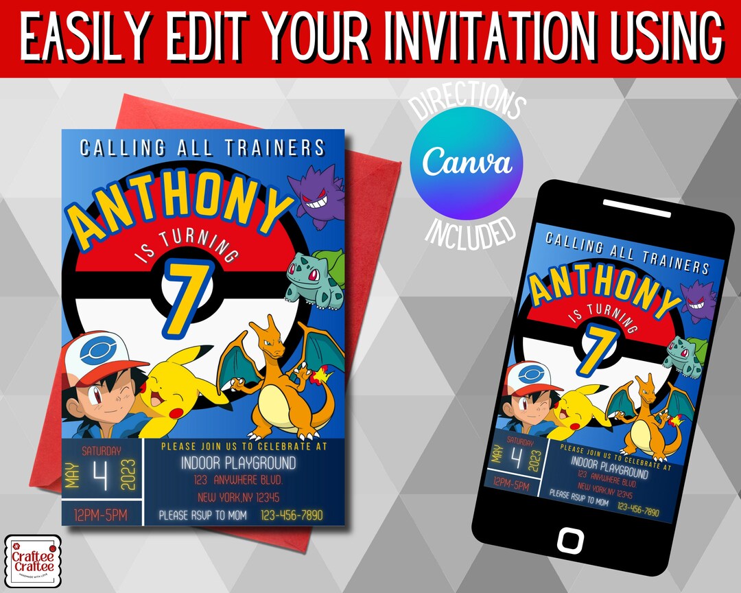 Pokemon Invitation, Pokemon Birthday Invite, Printable Birthday ...