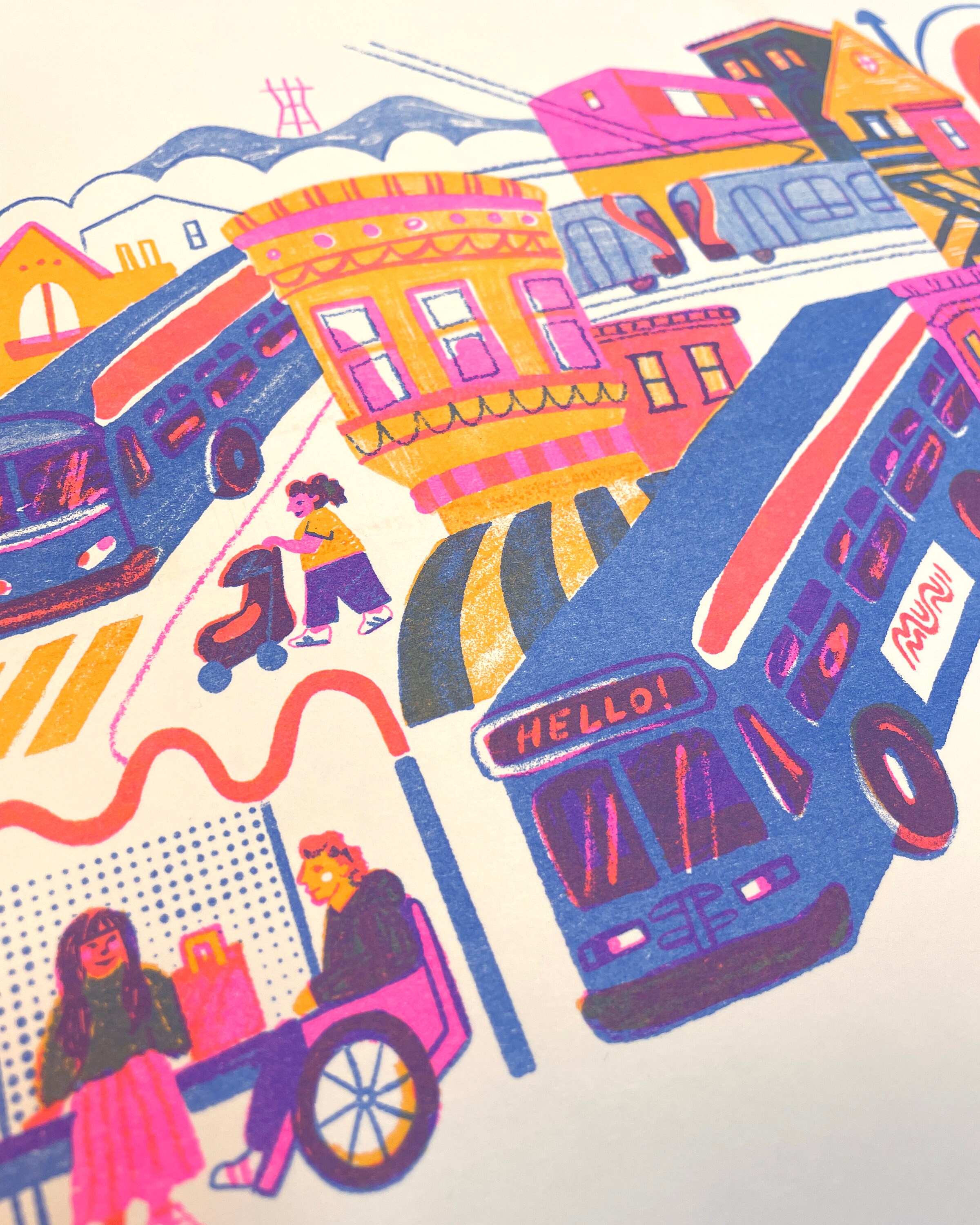 Colorful San Francisco Muni Bus Riso Print - Etsy