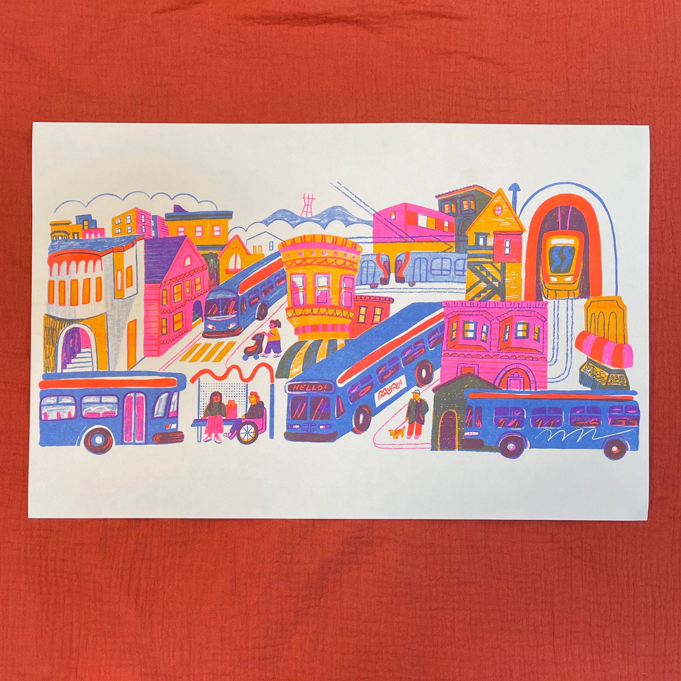 Colorful San Francisco Muni Bus Riso Print - Etsy
