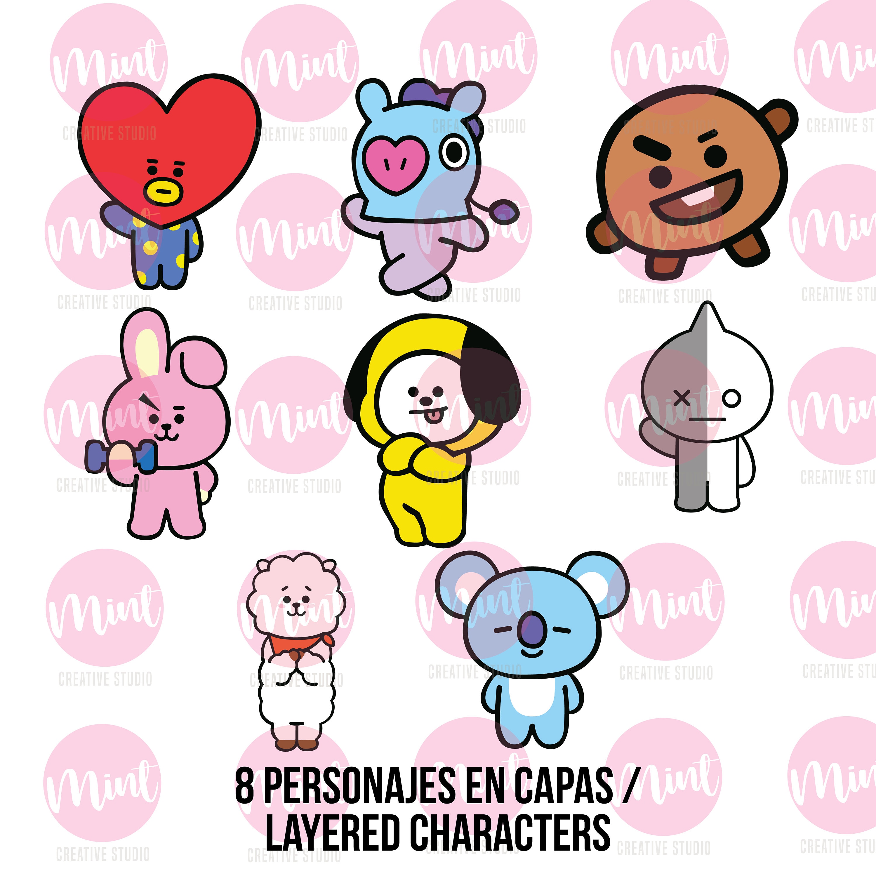BTS svg y .studio,8 personajes de BTS,BT21 separados en capas,para ...