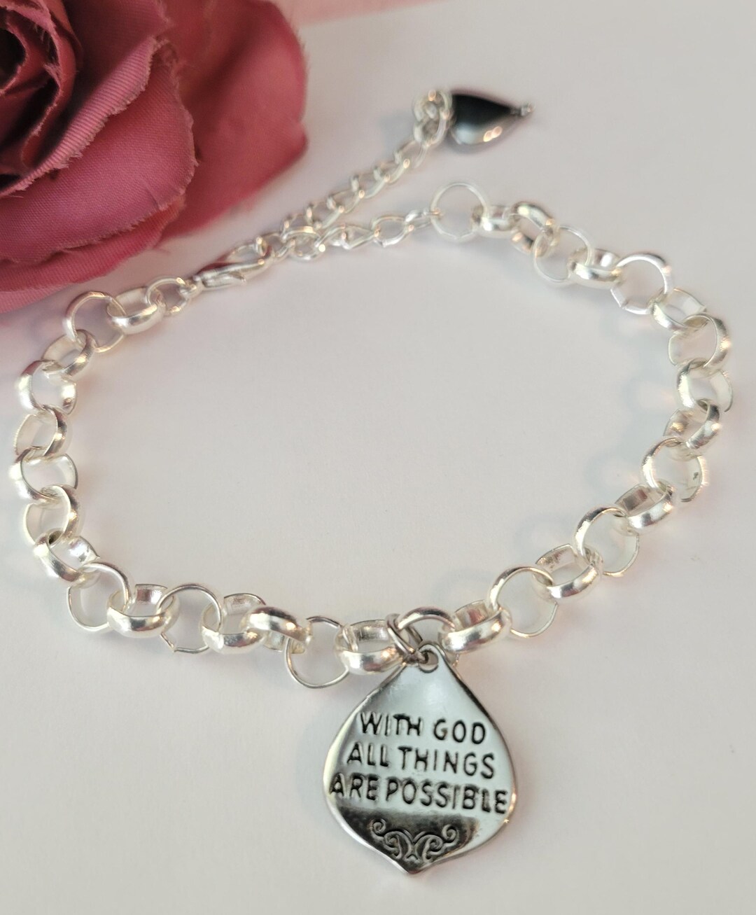 Engraved Christian Scripture Charm Bracelet & Hematite Heart Earring ...