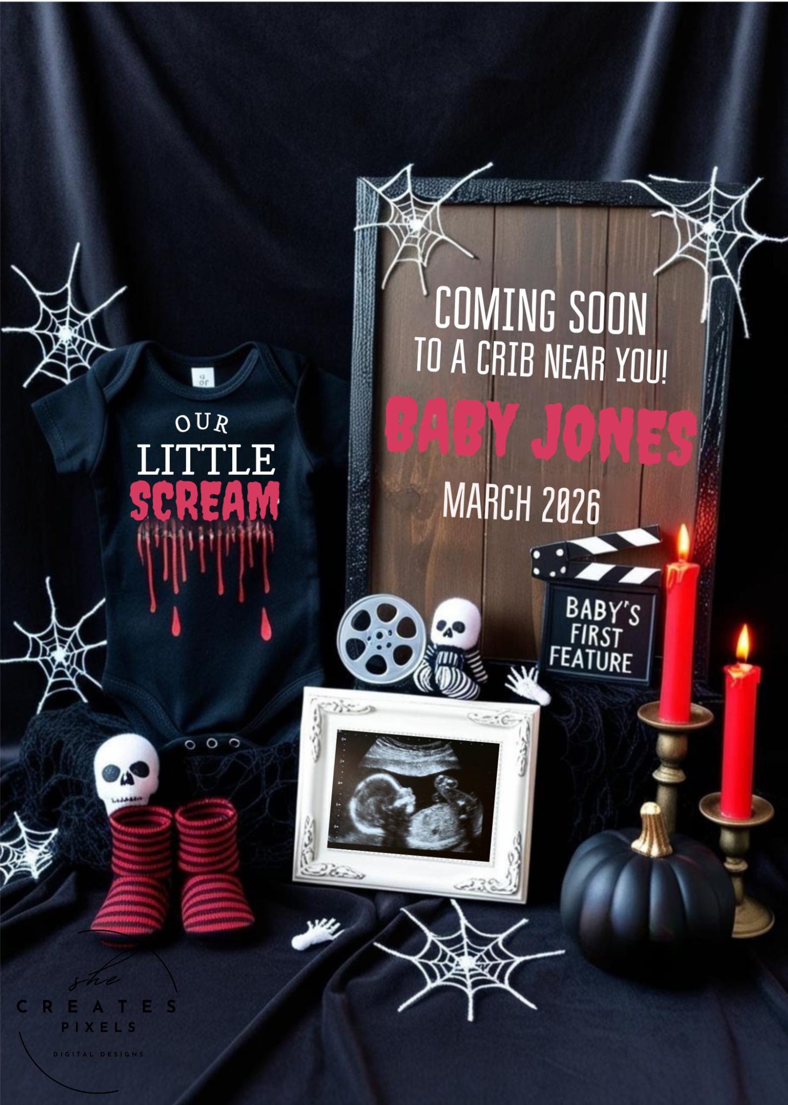 Horror Movie Baby Announcement | Spooky Halloween Theme | Editable ...