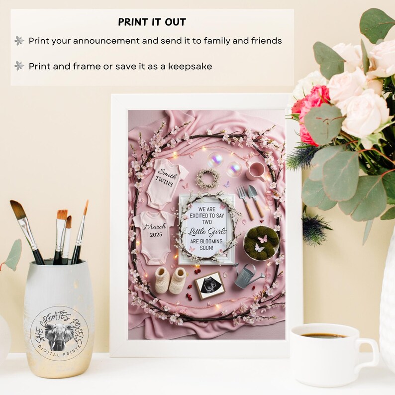 Blooming Soon Floral Twin Baby Girl Announcement Template – Cherry ...