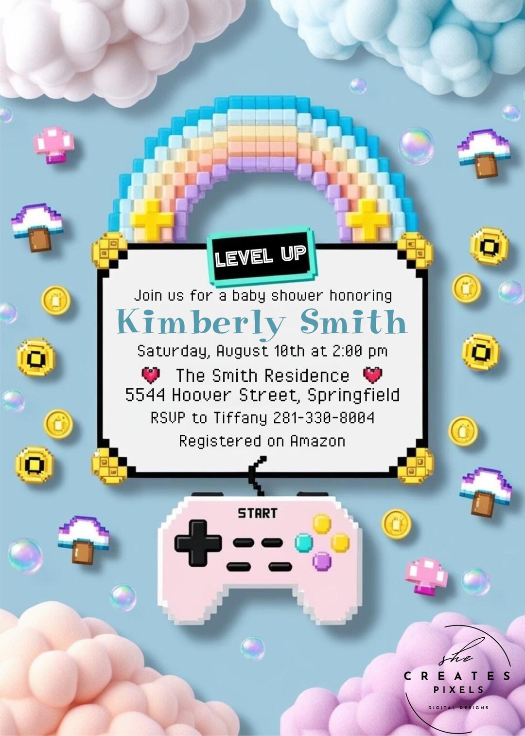 Retro Gamer-themed Pregnancy Shower Pink & Blue | Level up Baby Shower ...