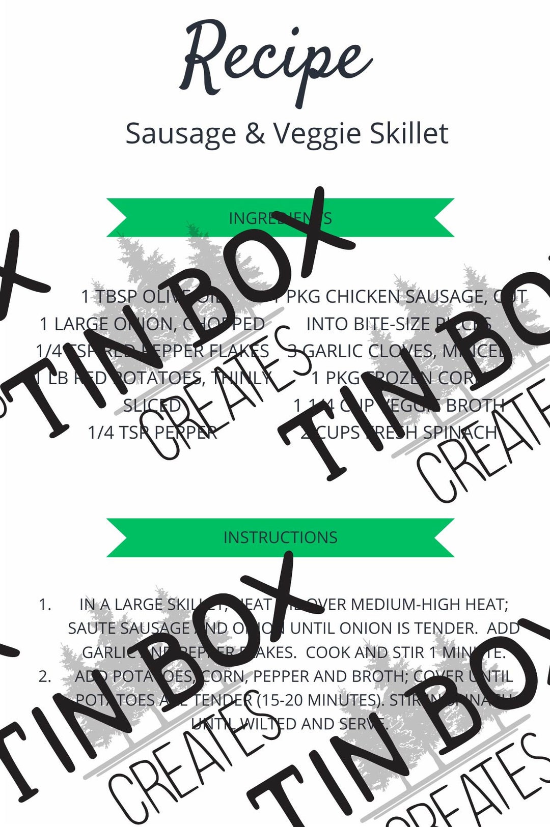 Recipe Card Sausage and Veggie Skillet - Etsy