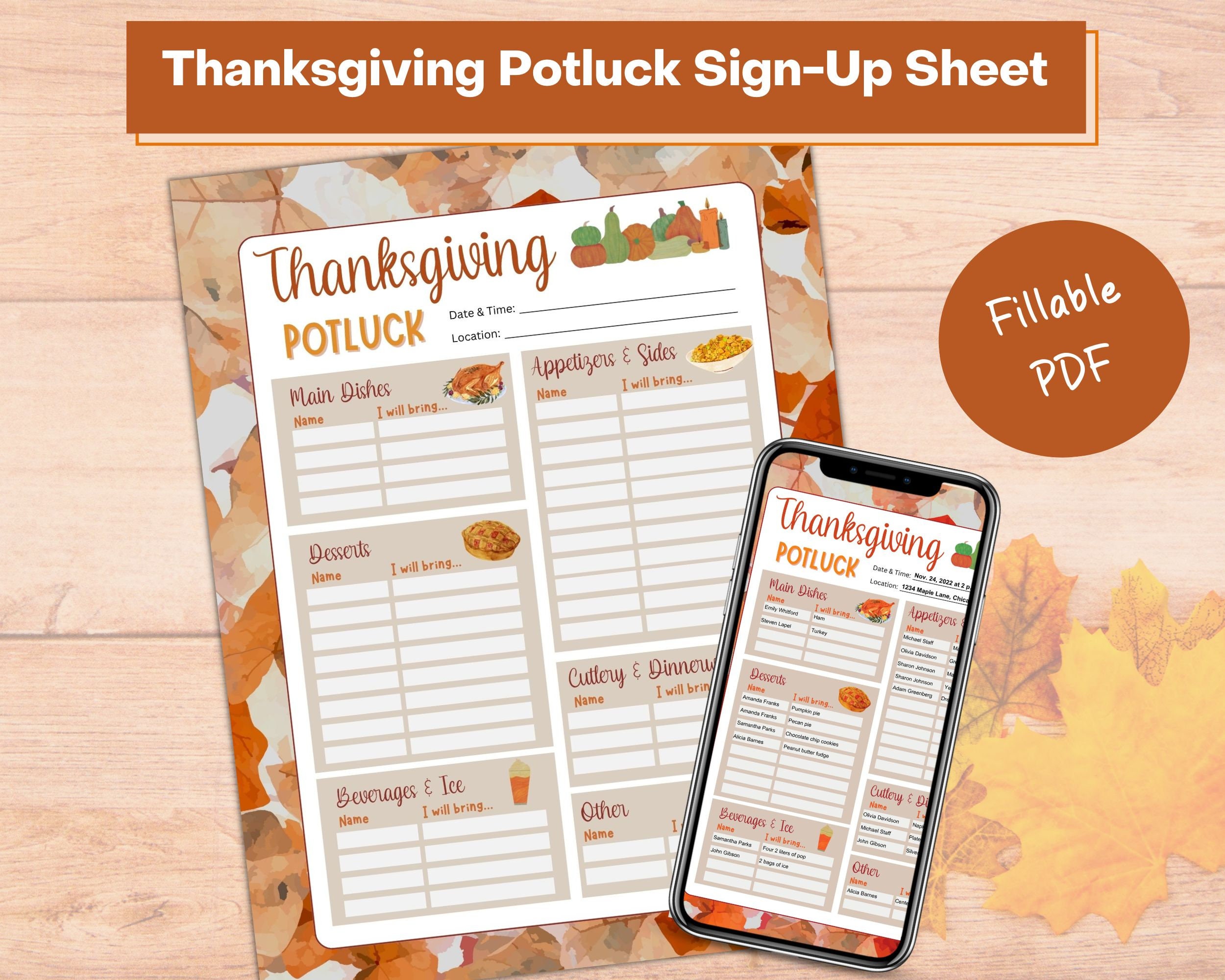 Thanksgiving Printable Potluck Sign-up Sheet | 8.5x11 Fillable PDF ...
