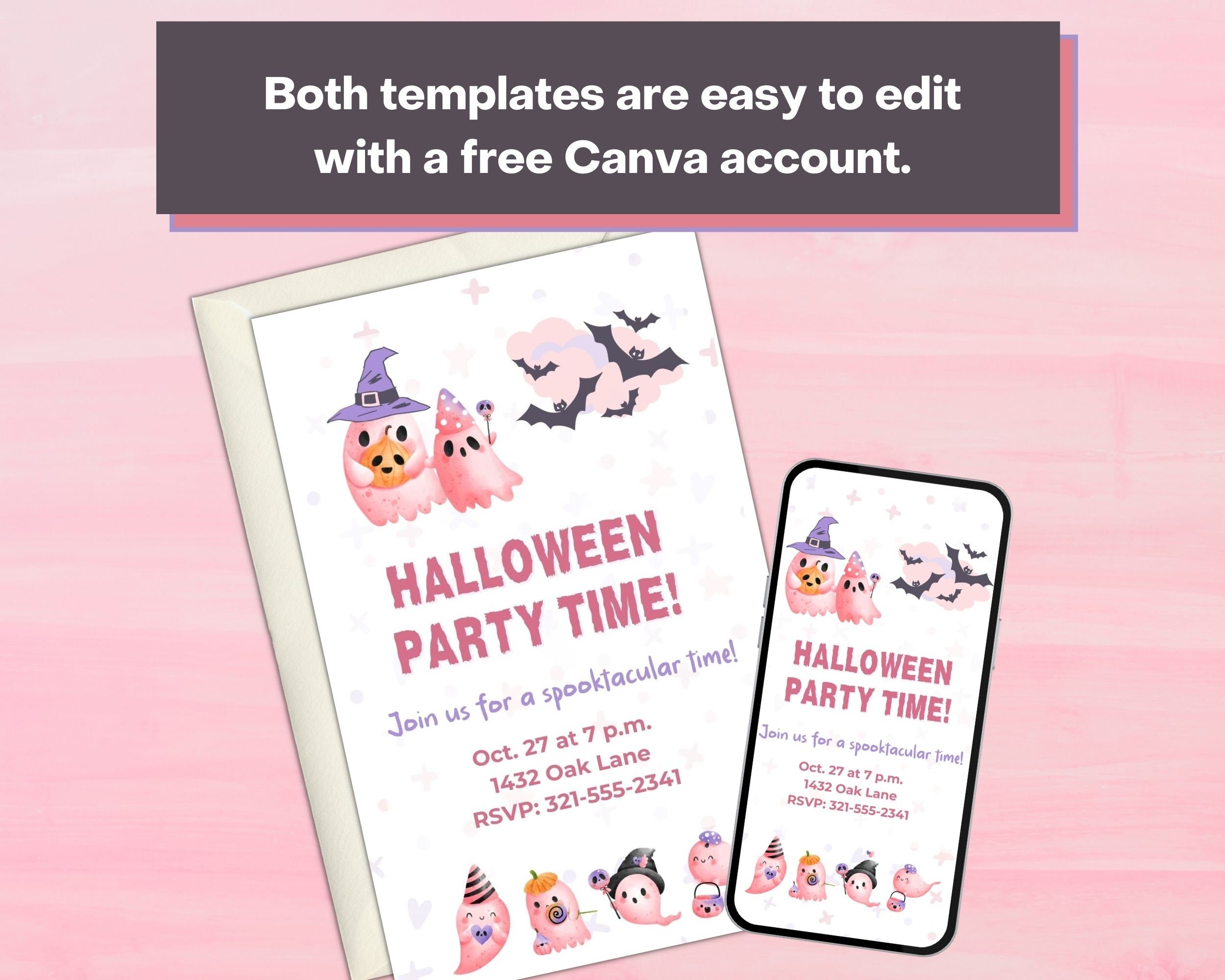 Pink Halloween Party Invitation Canva Template, Pink Ghosts, Family ...