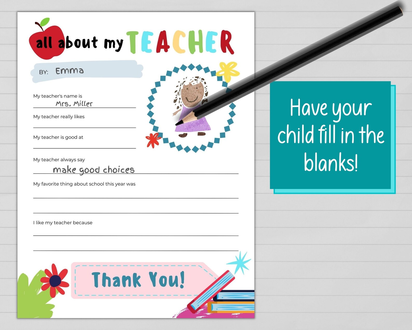Printable Teacher Appreciation Questionnaire Instant Digital Download ...