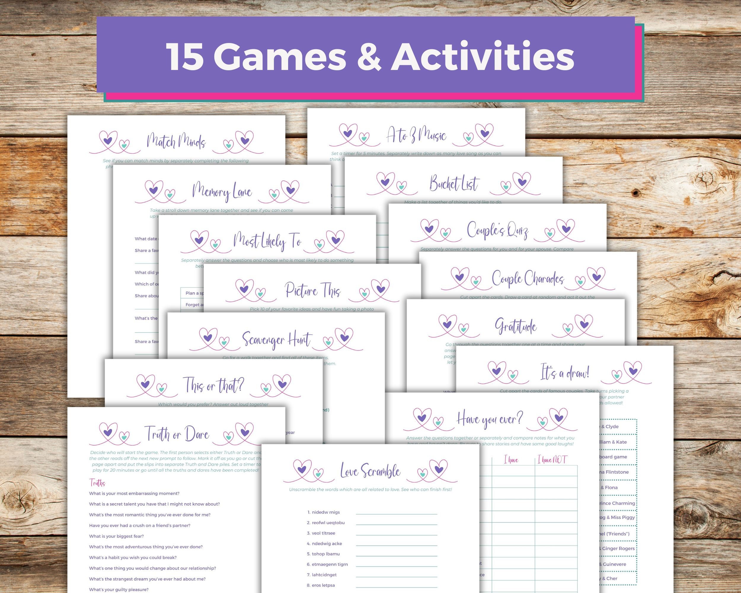 Printable Couples Games and Activities With 10 Planned Date Night Ideas, Marriage Anniversary ...