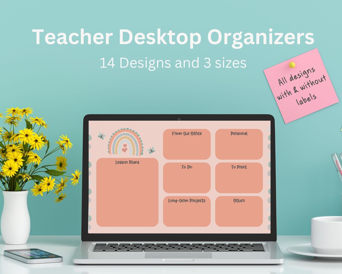 Boho Rainbow Teacher Desktop Wallpaper Organizer (digital Download) - Etsy