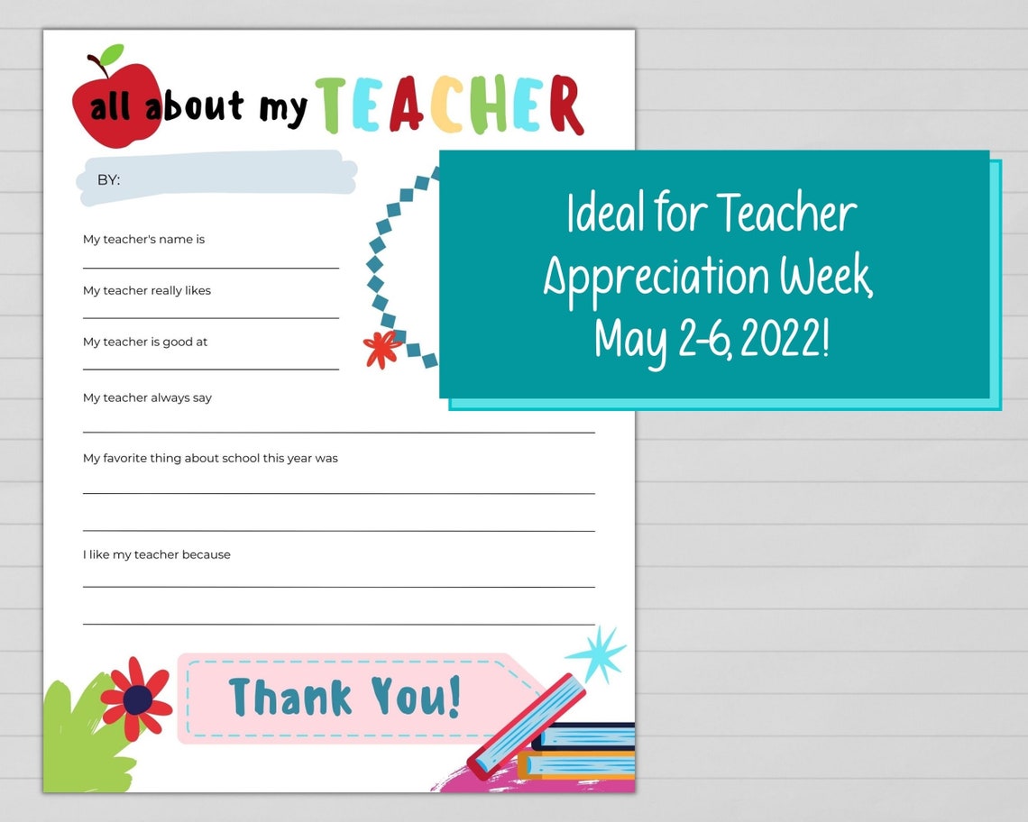 Printable Teacher Appreciation Questionnaire Instant Digital Download ...