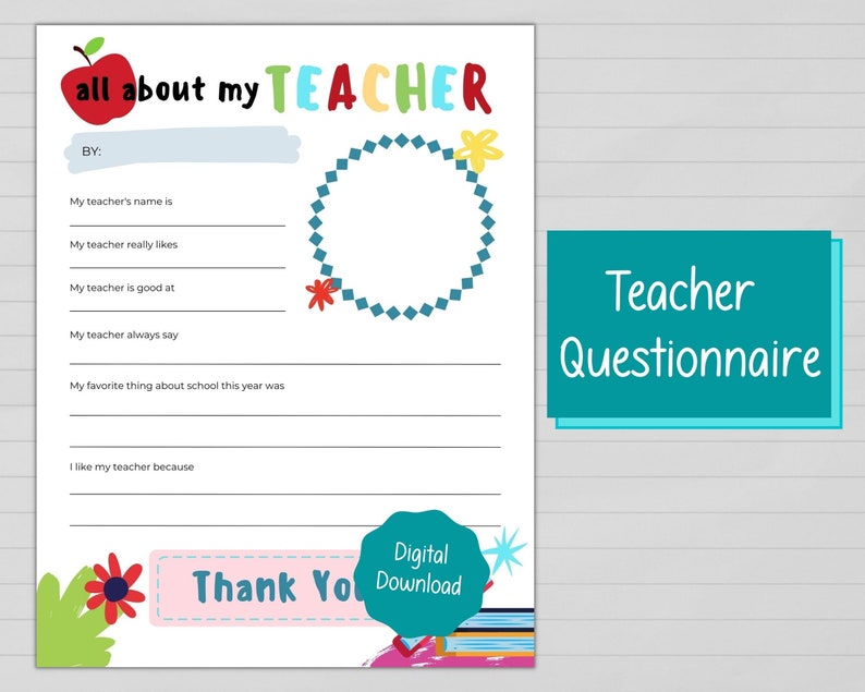 Printable Teacher Appreciation Questionnaire Instant Digital Download ...
