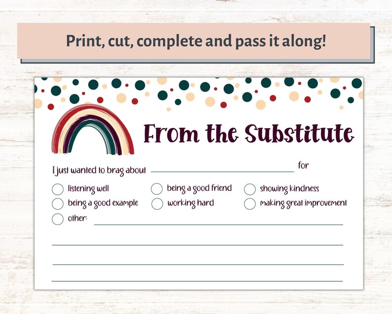 Boho Rainbow Substitute Teacher Note: Printable Brag Note (digital ...