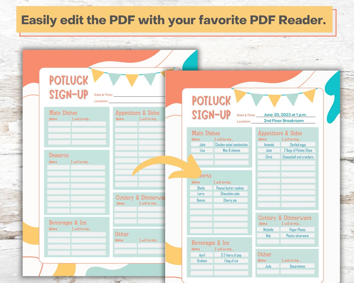 Printable Potluck Sign-up Sheet, 8.5x11 Fillable PDF, Office Potluck ...